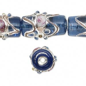 Бусина лэмпворк, 23х11мм, с золотистым узором, цилиндр, синий, 1 шт.