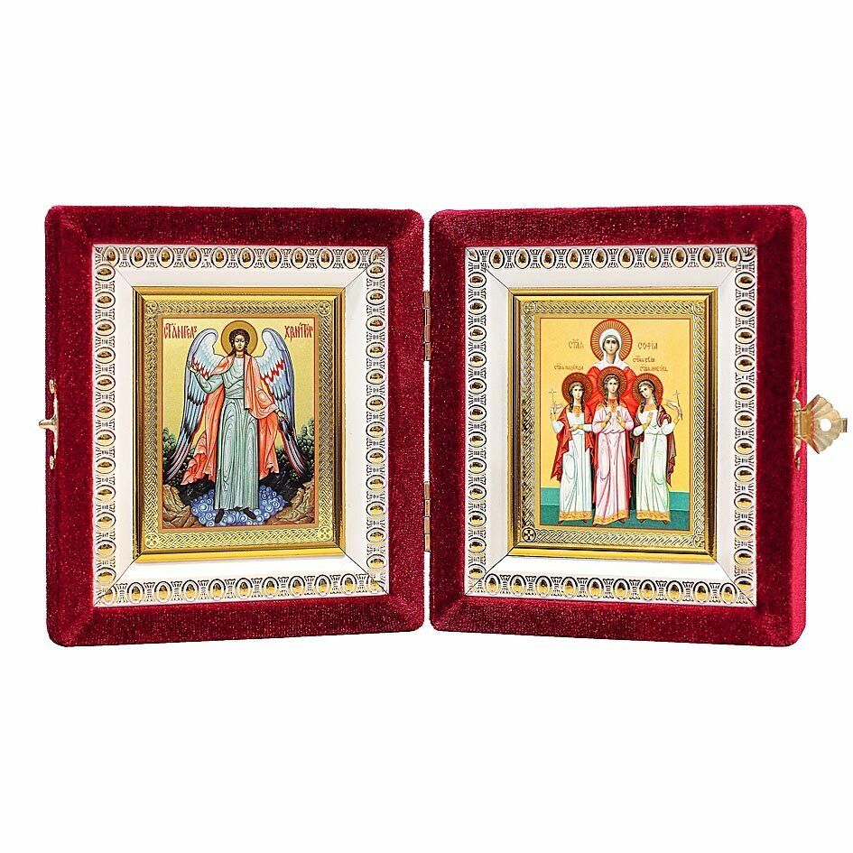 Складень именной "Мученицы Вера, Надежда, Любовь и мать их София (лик № 026) - Ангел Хранитель (лик № 055)", размер ликов 6*7,5 см