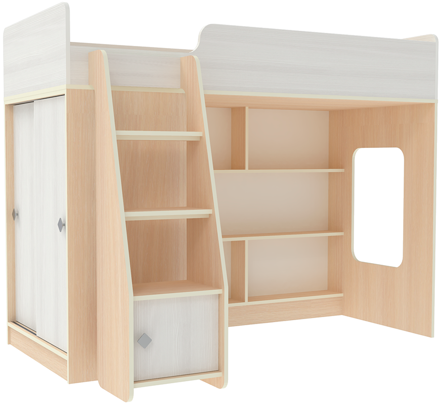 Кровать чердак Л 42.5.1 со шкафом-купе Дуб Молочный Белое Дерево