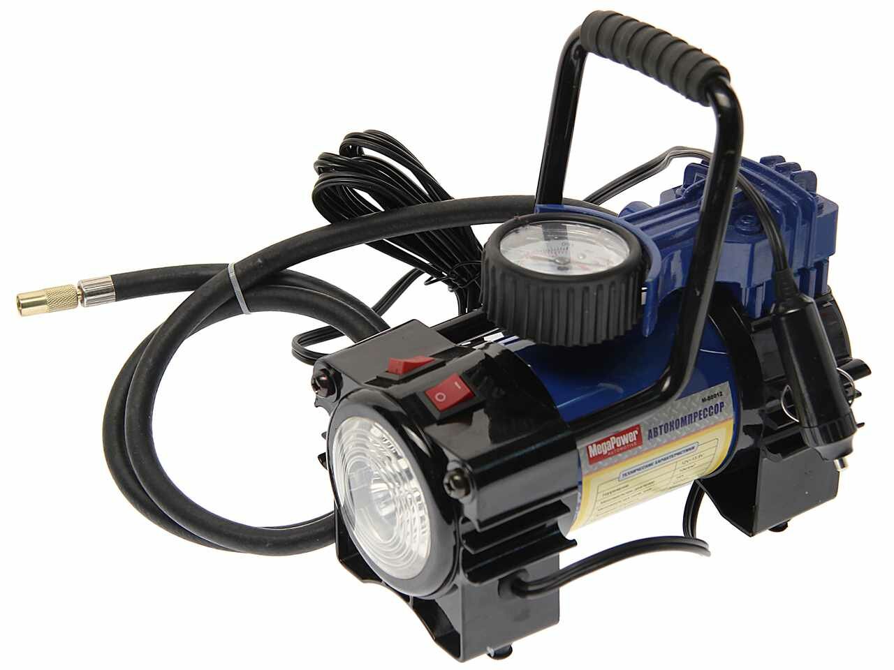 Компрессор автомобильный 35л/мин. 10атм. 14А 12V (фонарь, дефлятор, кейс), M-88012, MEGAPOWER-AUTOMOTIVE