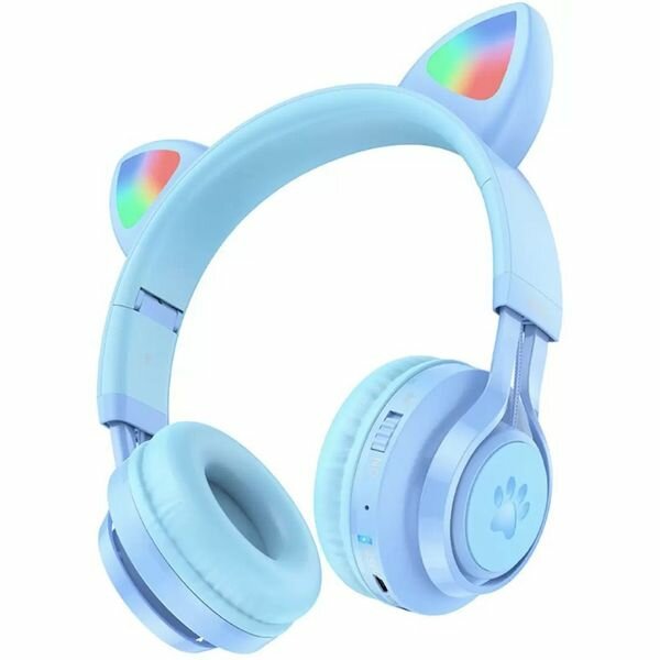 Беспроводные наушники Hoco W39, детские, накладные, Bluetooth 5.3, складные, цвет голубой, ограничение громкости, "ушки" с подсветкой