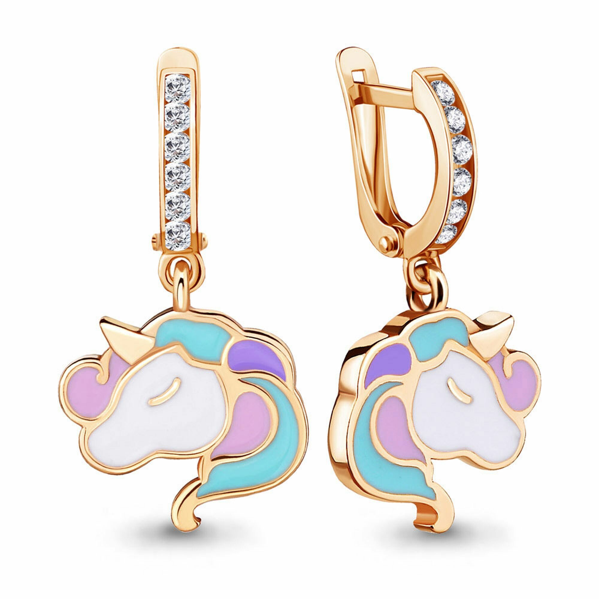 Серьги, серебро, 925 проба, золочение, эмаль, фианит