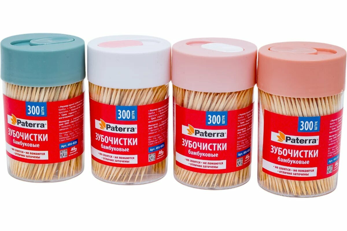 Зубочистки бамбуковые в спайке из 4 банок по 300 шт PATERRA 491-031 экологически чистые