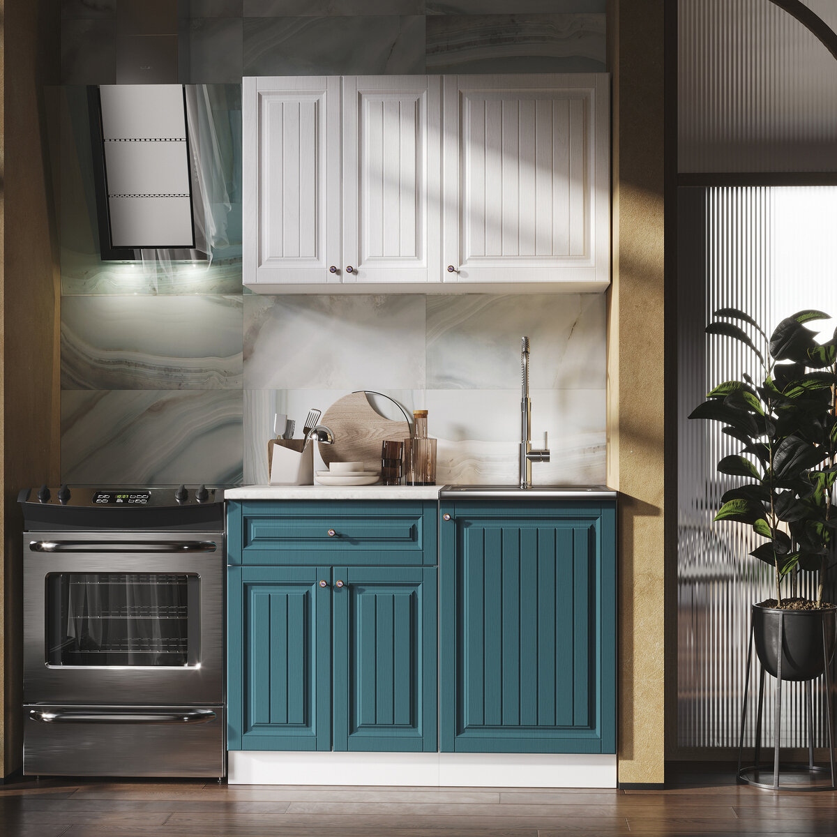 Кухонный гарнитур, кухня, готовый комплект Хозяюшка 1.1 м Акация белая/Моренга