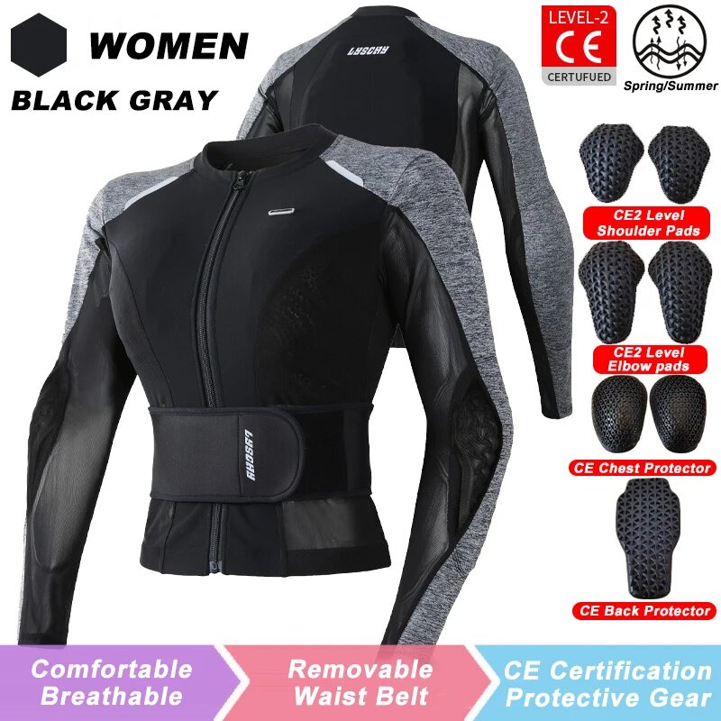 LYSCHY мотоциклетная мягкая бронекуртка для мужчин и женщин, летняя дышащая куртка для мотокросса с 7 шт. защитного снаряжения, мотокуртка для верховой езды XL-2XL, Women-Black Gray
