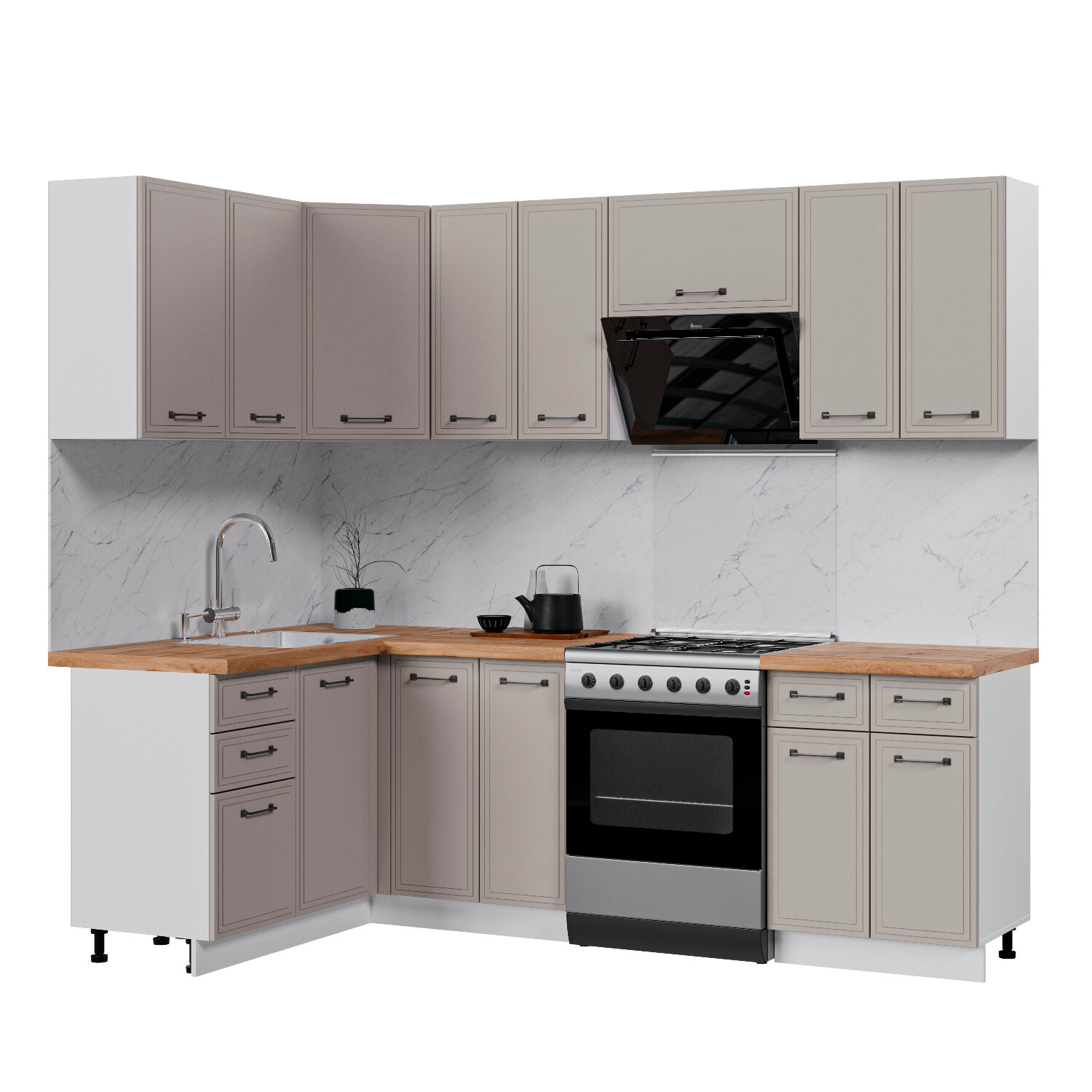 Кухонный гарнитур угловой, столешница Дуб Вотан 26мм, Кухня Индира 140х240см Белый/Дюна