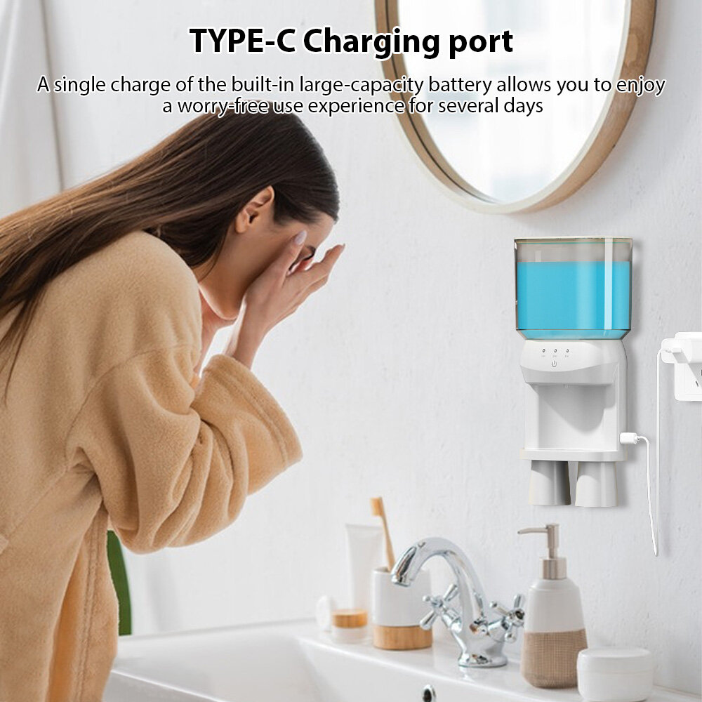 Автоматический дозатор ополаскивателя для полости рта, бесконтактный сенсорный настенный дозатор для ополаскивателя для полости рта с 2 магнитными чашками, 3 регулируемыми уровнями дозирования, водонепроницаемый, многора