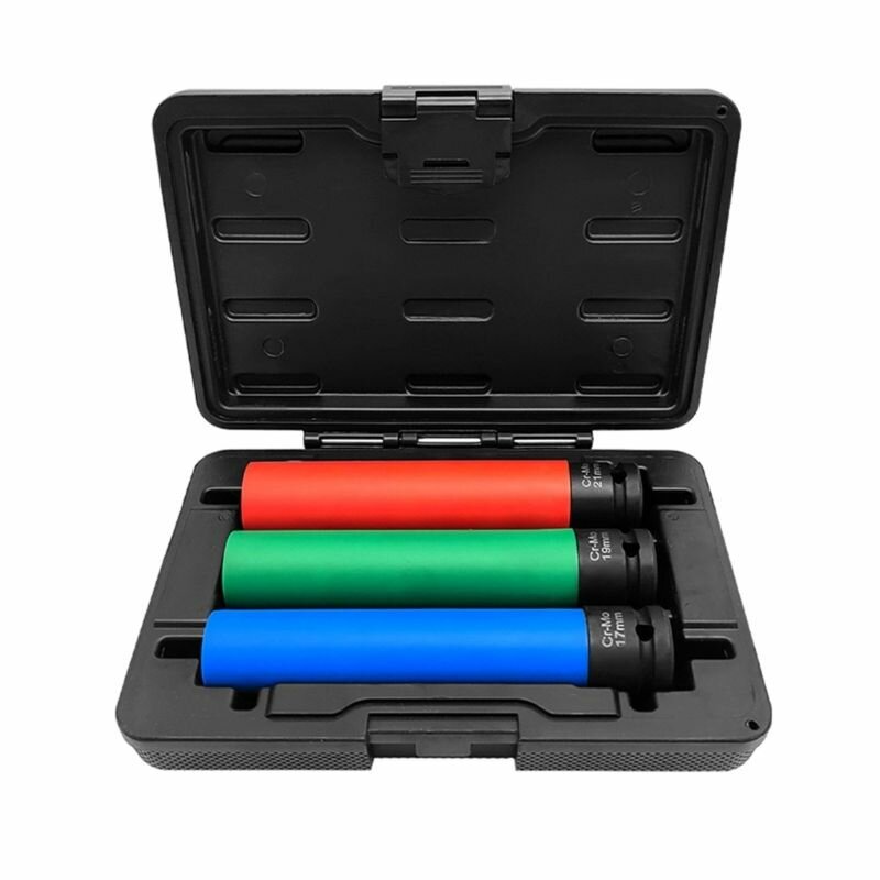 Набор торцевых головок для ударных гаек с приводом 1/2 дюйма, длинные, не оставляющие царапин. Защитные втулки и вставки предотвращают повреждение колеса.