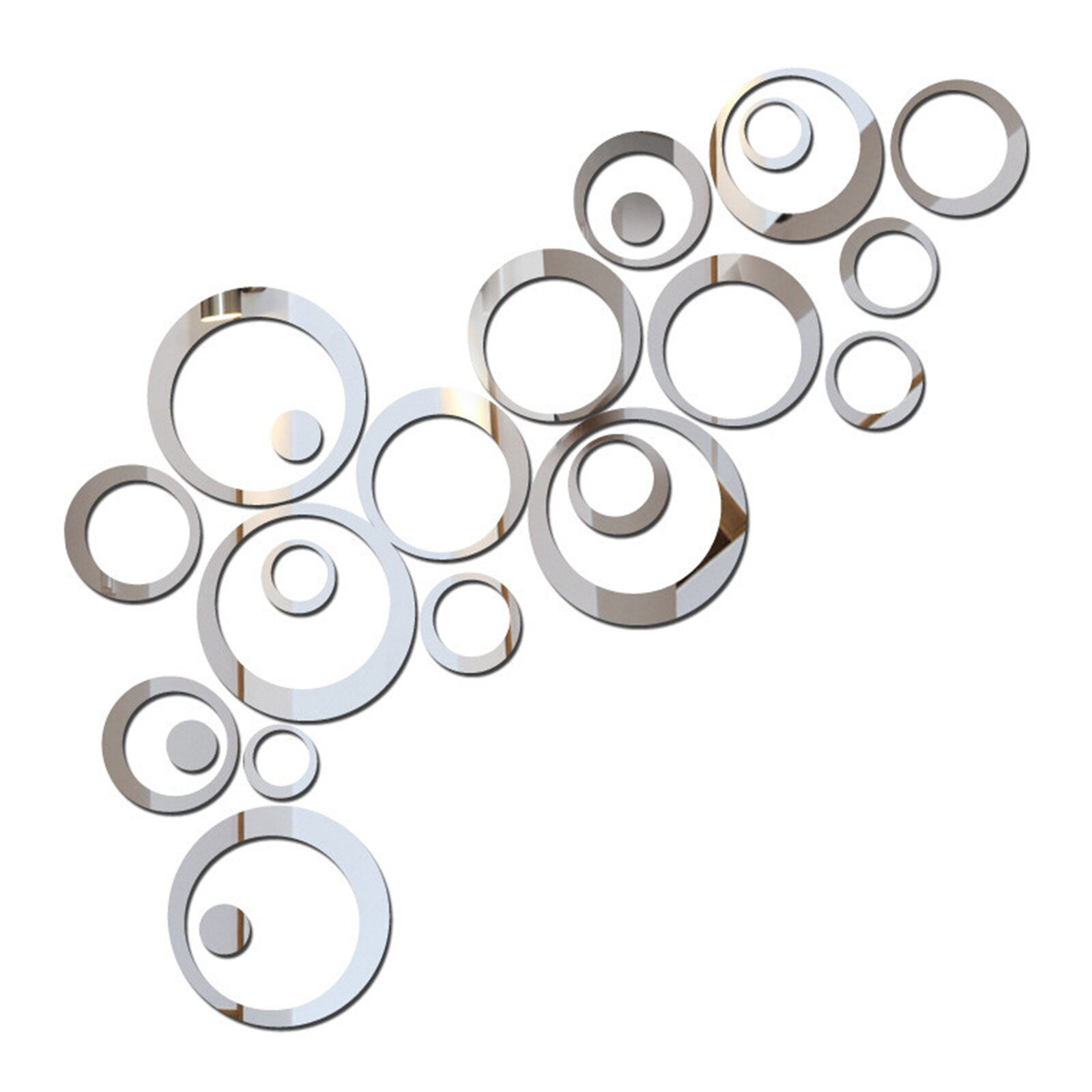 Набор 24 штуки Акриловые зеркальные стикеры 3D Круглые стикеры на стену Серебристый Цвета Размеры диаметра: 14см, 11см, 9см, 6.5см, 4.5см, 2.5см Декоративные стикеры для дома Зеркальные стикеры для стен Арт стикеры Геометрические круглые зеркала Декор
