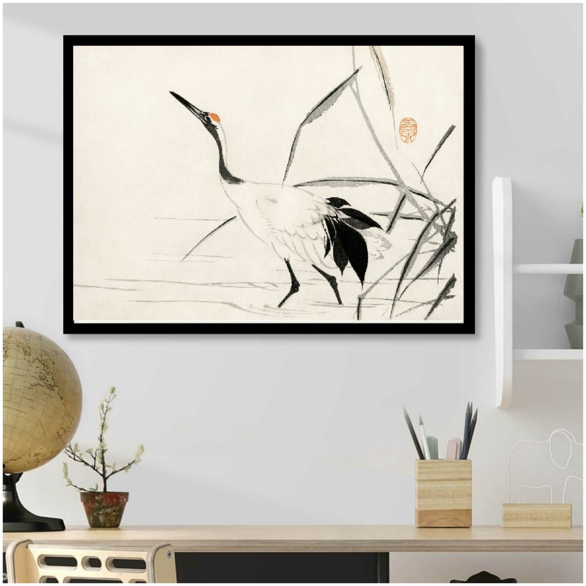 Постер " Журавль в японском стиле репродукция" 40x50 в черной рамке для интерьера на стену