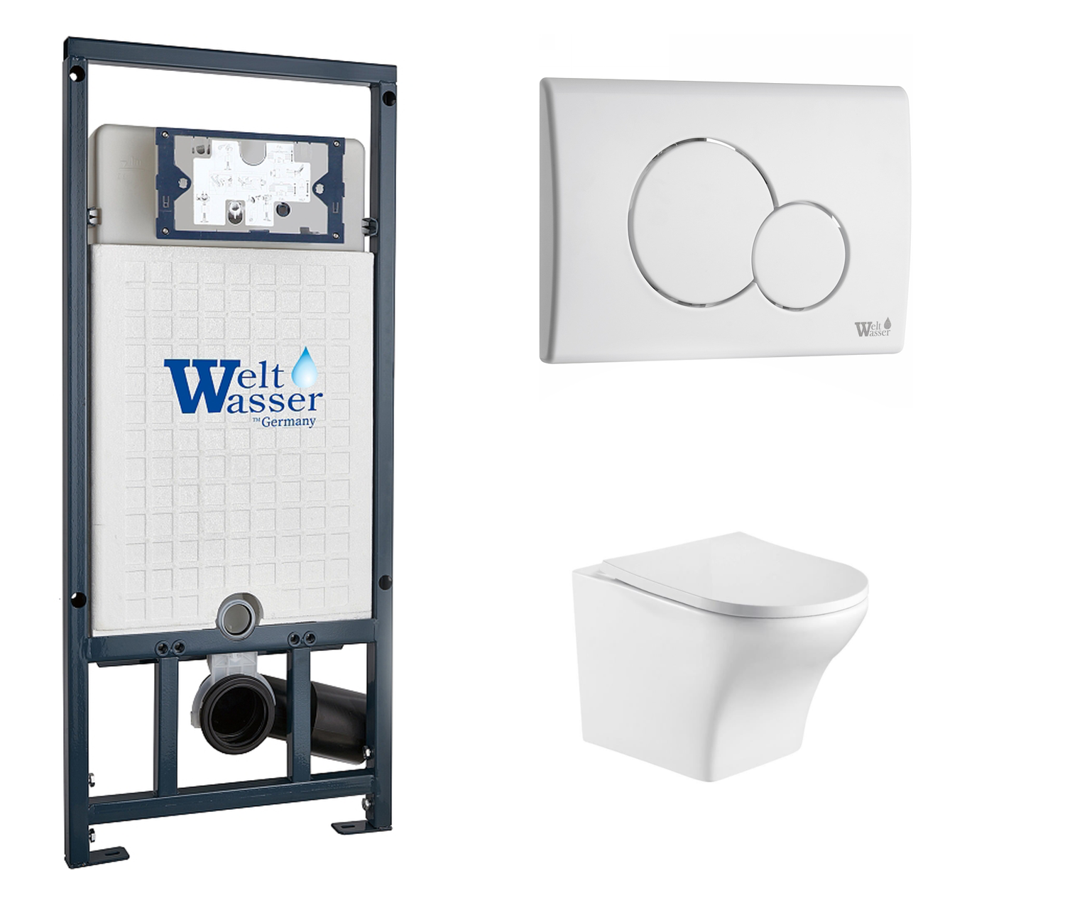 Комплект 3 в 1 инсталляция WeltWasser WW Marberg 507 + Подвесной унитаз WeltWasser Odenbach 004 GL-WT с кнопкой белой RD 10000005949 + 10000003704 + 10000010236