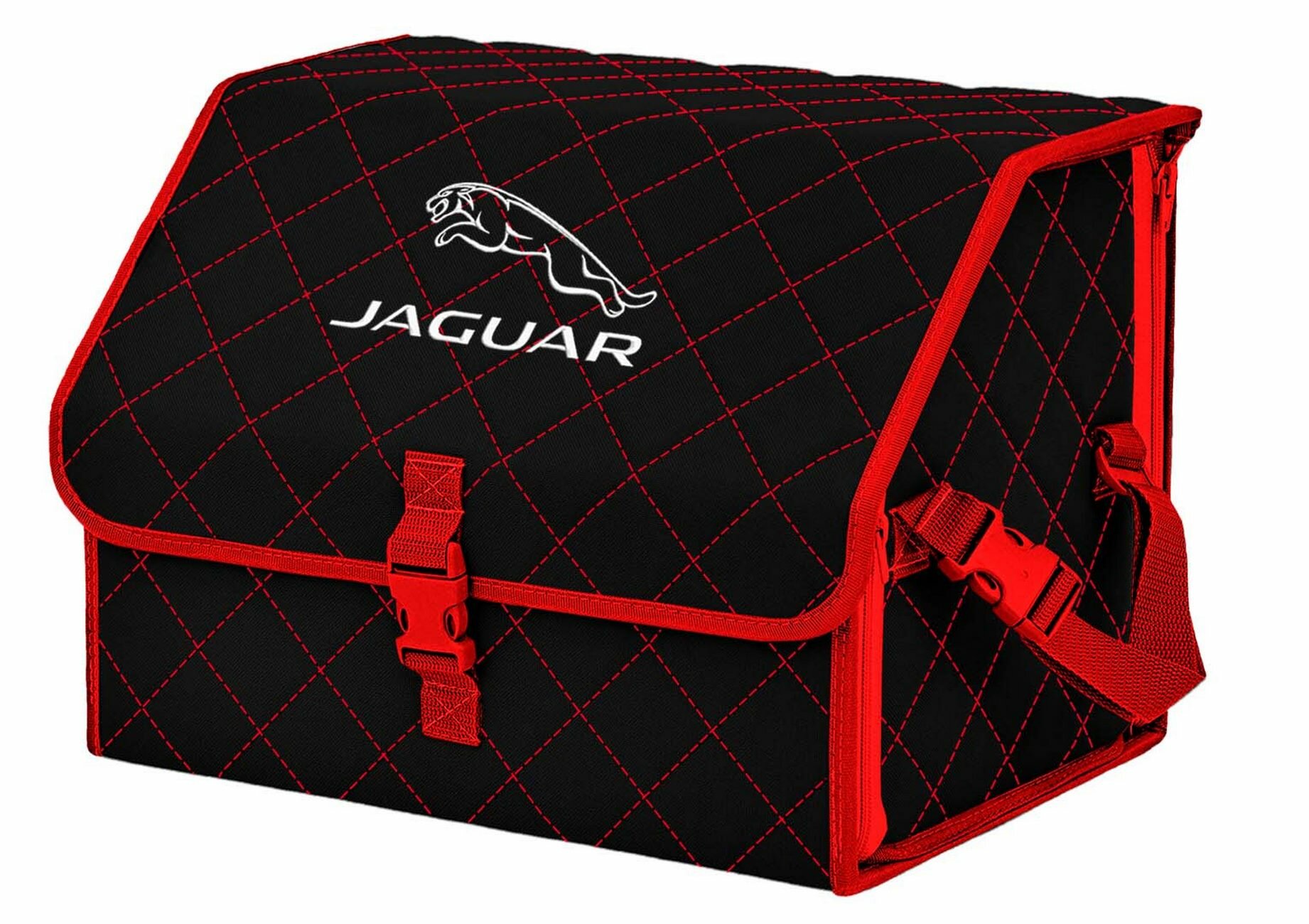 Органайзер-саквояж "Союз" в багажник Jaguar (Ягуар), размер M. Цвет: черный с красной прострочкой Ромб.