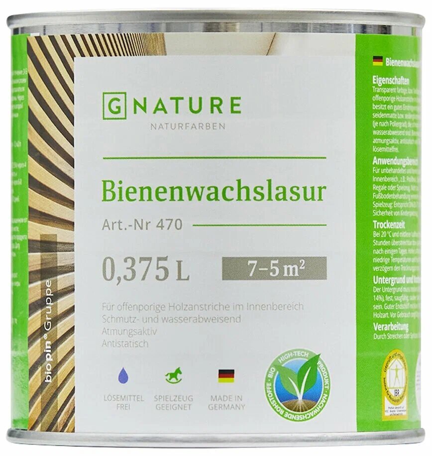 Лазурь Gnature 470 Bienenwachslasur с пчелиным воском для деревянных стен и потолков, бесцветный 0,375л