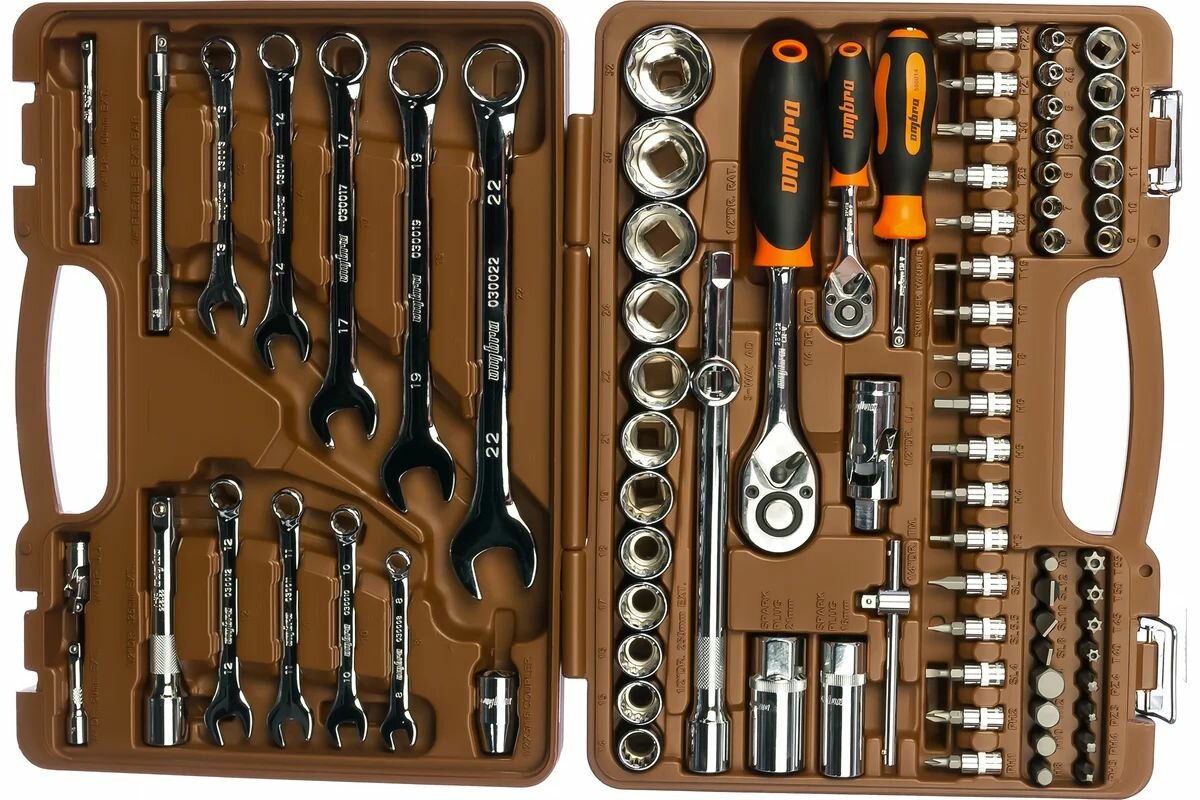 Набор инструмента универсальный 1/4", 1/2"DR с головками торцевыми 12-гранными 1/2"DR, 82 предмета Ombra