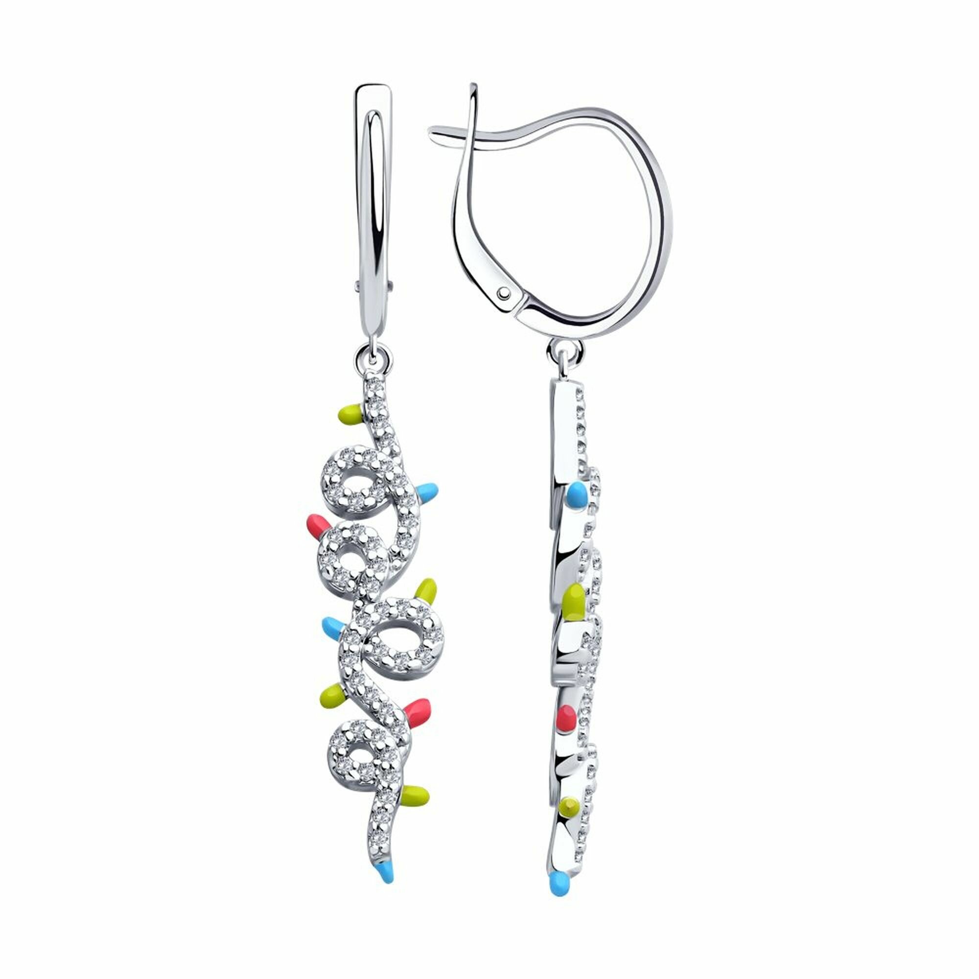 Серьги, серебро, 925 проба, родирование, фианит, эмаль