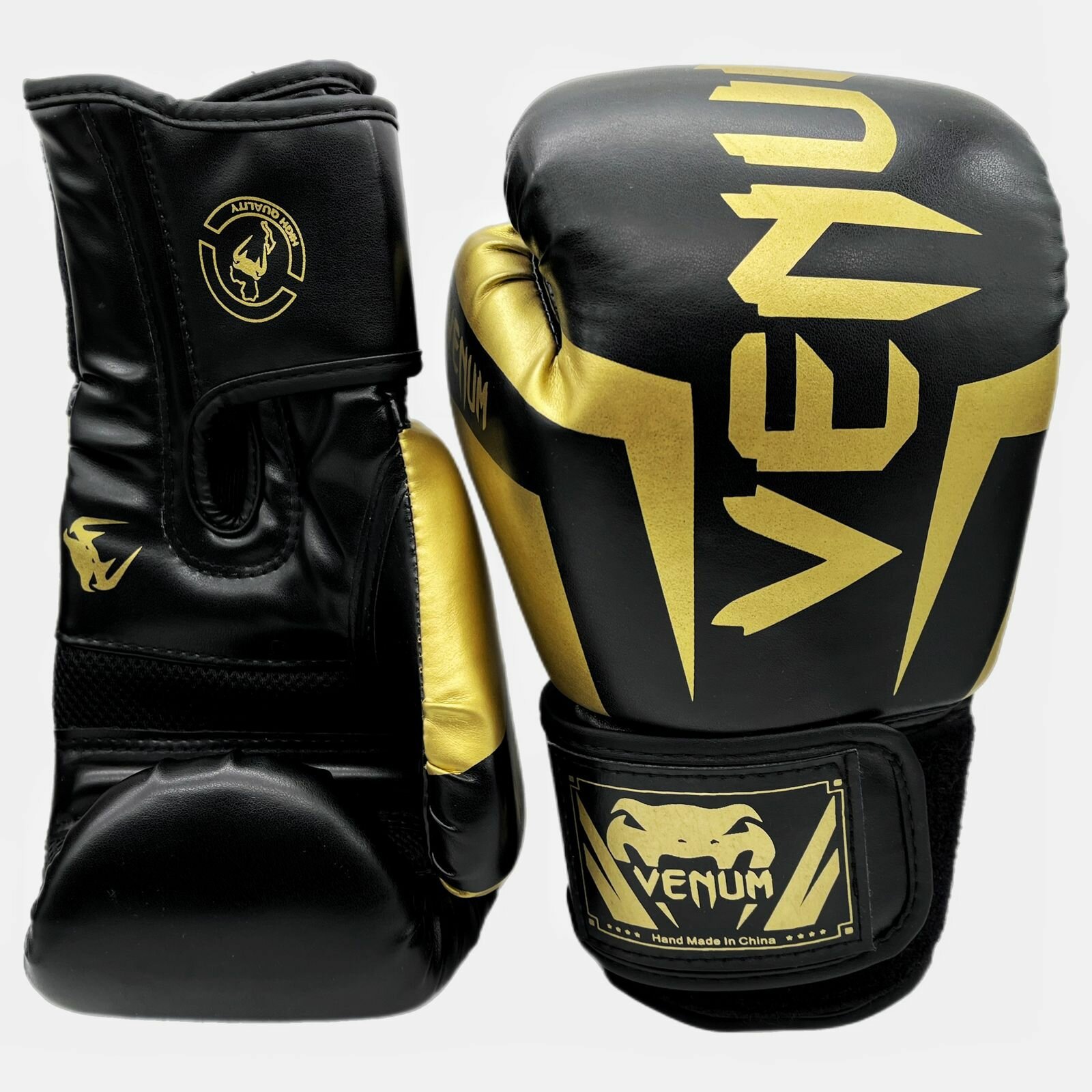 Боксерские перчатки Venum, искусственная кожа, липучка, 10 унц, золотисто-черные