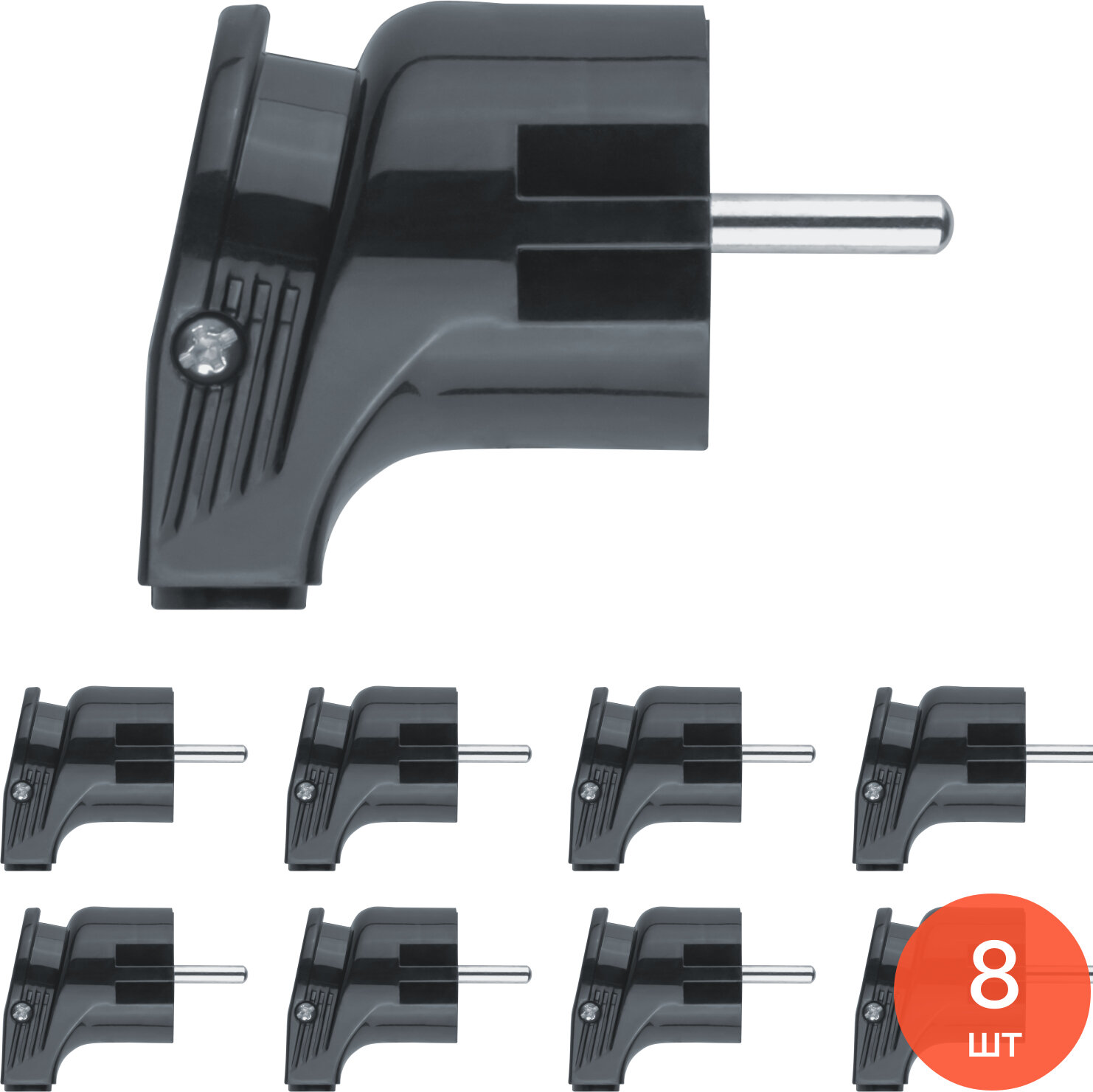 Вилка электрическая Navigator / Навигатор NCA-PL04-16A-E-BL угловая с заземляющими контактами из АБС-пластика, черная, степень защиты IP20, 250В, 16А / электрика (комплект из 8 шт)