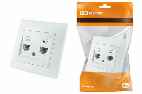 Розетка телефонная RJ11 + компьютерная RJ45 белая "Лама" 1815-0019