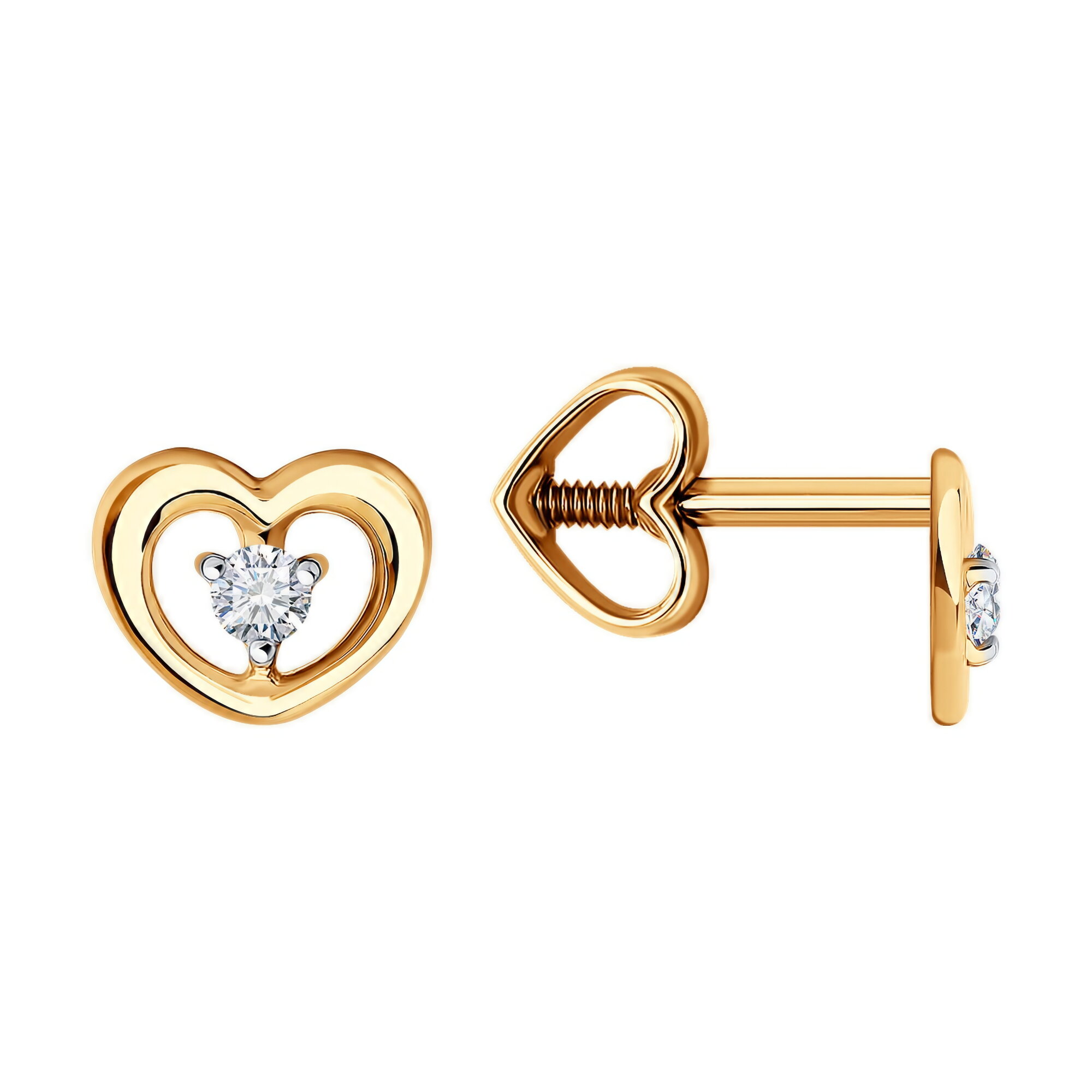 Серьги пусеты, красное золото, 585 проба, фианит