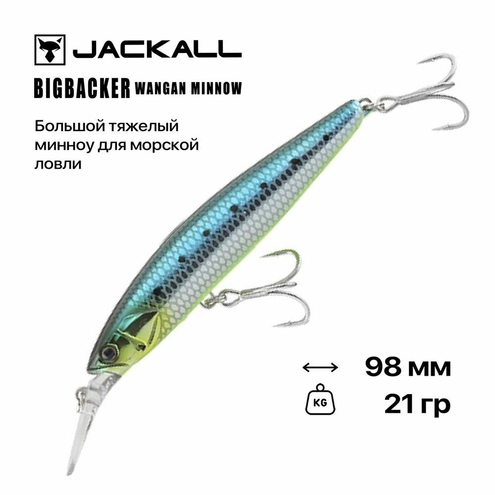 Воблер Jackall Big Backer Wangan Minnow 98S-LB, 98 мм, 21 гр, #Uroko Holo Chart Belly Sardine