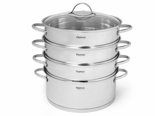 5121 FISSMAN Мантоварка BARAKAT 32x15см / 12л с тремя вставками-пароварками 32x9см (нерж. сталь) Съемные вставки-пароварки; Ручки-нерж. сталь; Крышка-стекло; Индукция; Термоаккумулирующее многослойное дно