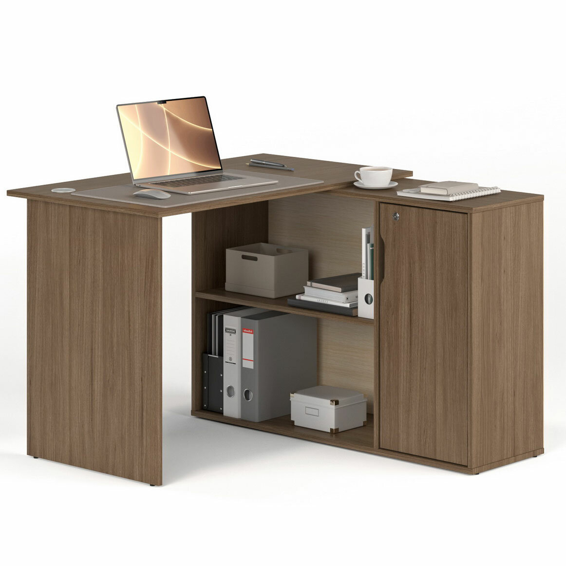 Письменный стол с поворотной тумбой с дверцей (тумба справа) МагМебель №91 ясень шимо тёмный