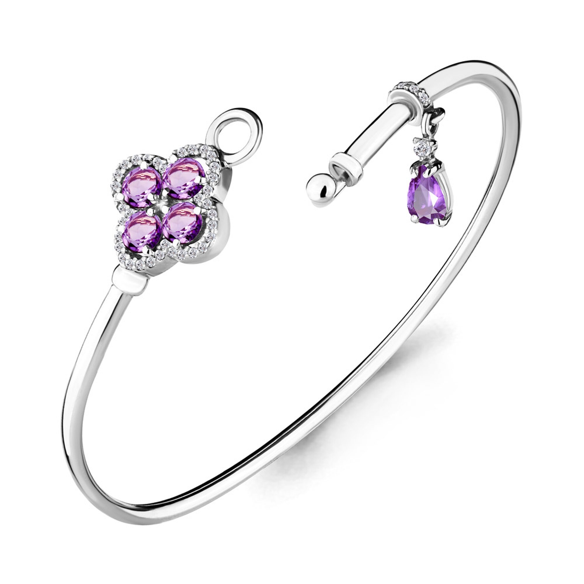 Жесткий браслет, серебро, 925 проба, родирование, аметист, фианит