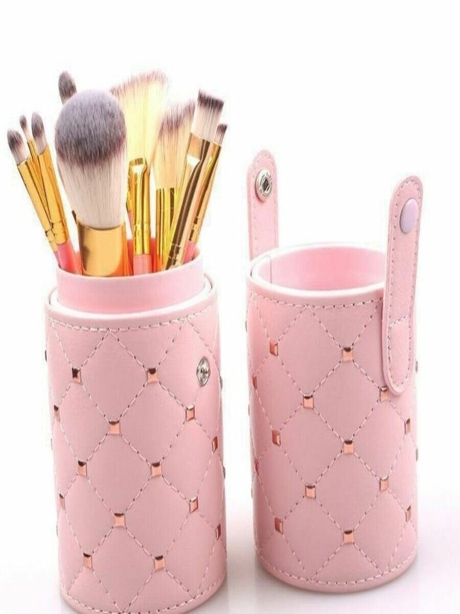 Набор косметических кистей для макияжа 12 шт подставка-тубус, розовый