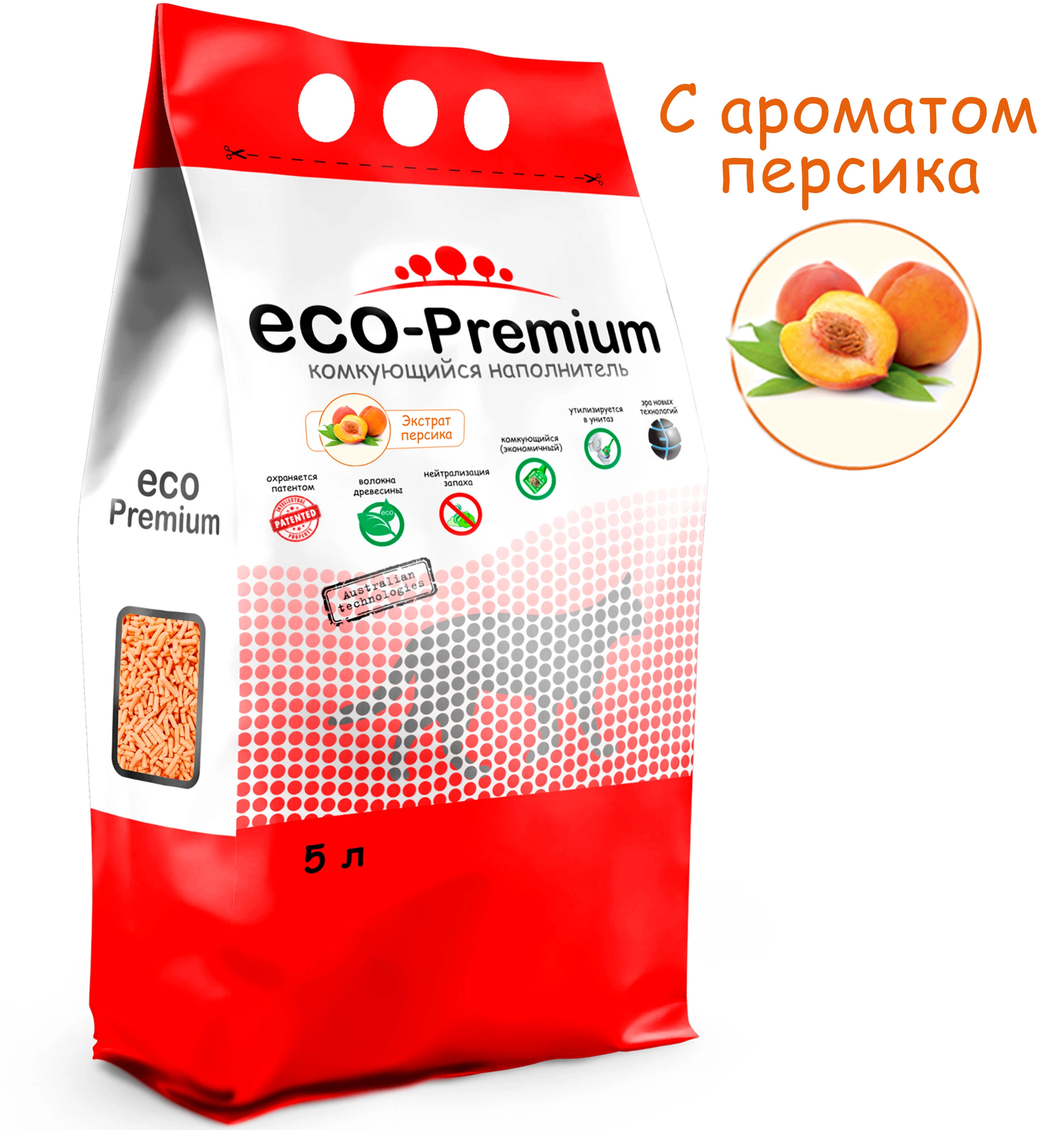 Наполнитель ECO-PREMIUM комкующийся древесный с персиком (5 л)
