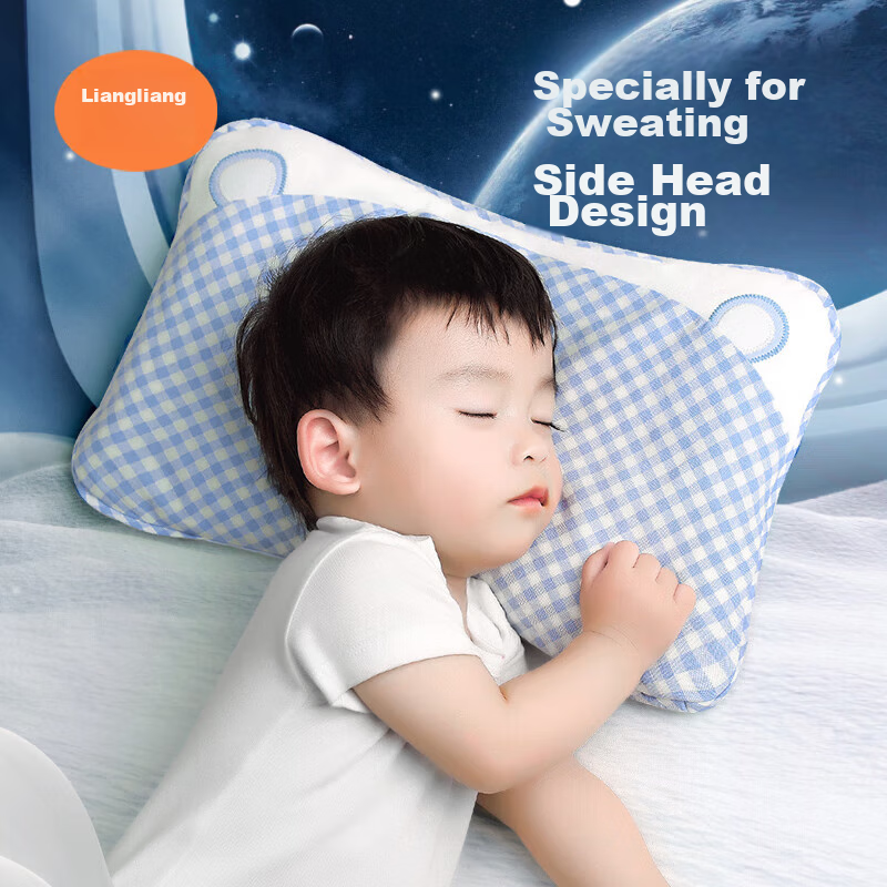 Liangliang Baby Pillow for 0-1 Years Old, Shaping Pillow for Newborns, Extended Protective Pillow, Blue Plaid (Single Pillowcase)