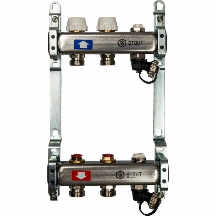 Коллектор из нержавеющей стали без расходомеров, с клапаном вып. воздуха и сливом 2 вых. STOUT SMS-0932-000002