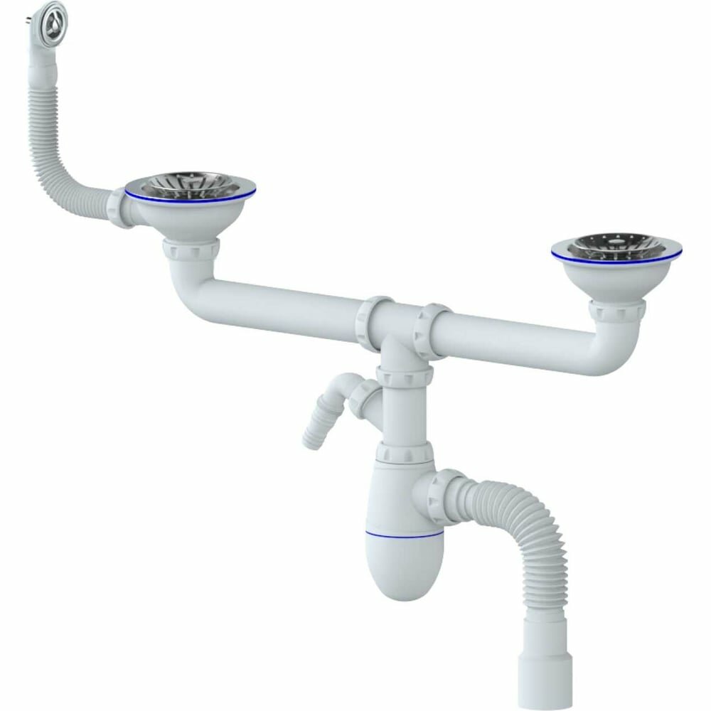 Сифон для двойной мойки Unicorn универсальный выпуск 3 1/2" на (Ø 40), жесткое соединение, круглый перелив, нержавеющая чашка Ø 115, отвод для стиральной машины, гибкий отвод Ø40×40/50, винт, шток, ручка - пластик B731VP