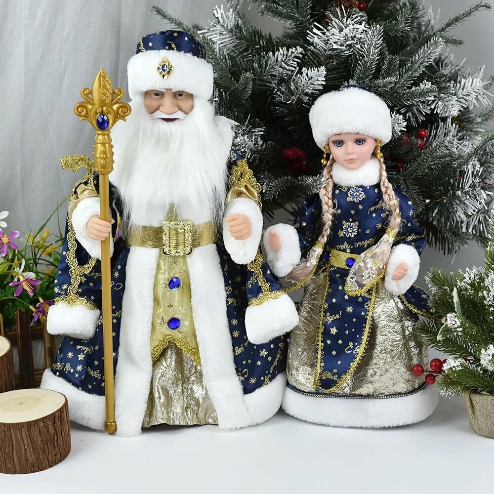 Набор Дед Мороз и Снегурочка, синий наряд с золотом, высота 50 см — новогоднее украшение