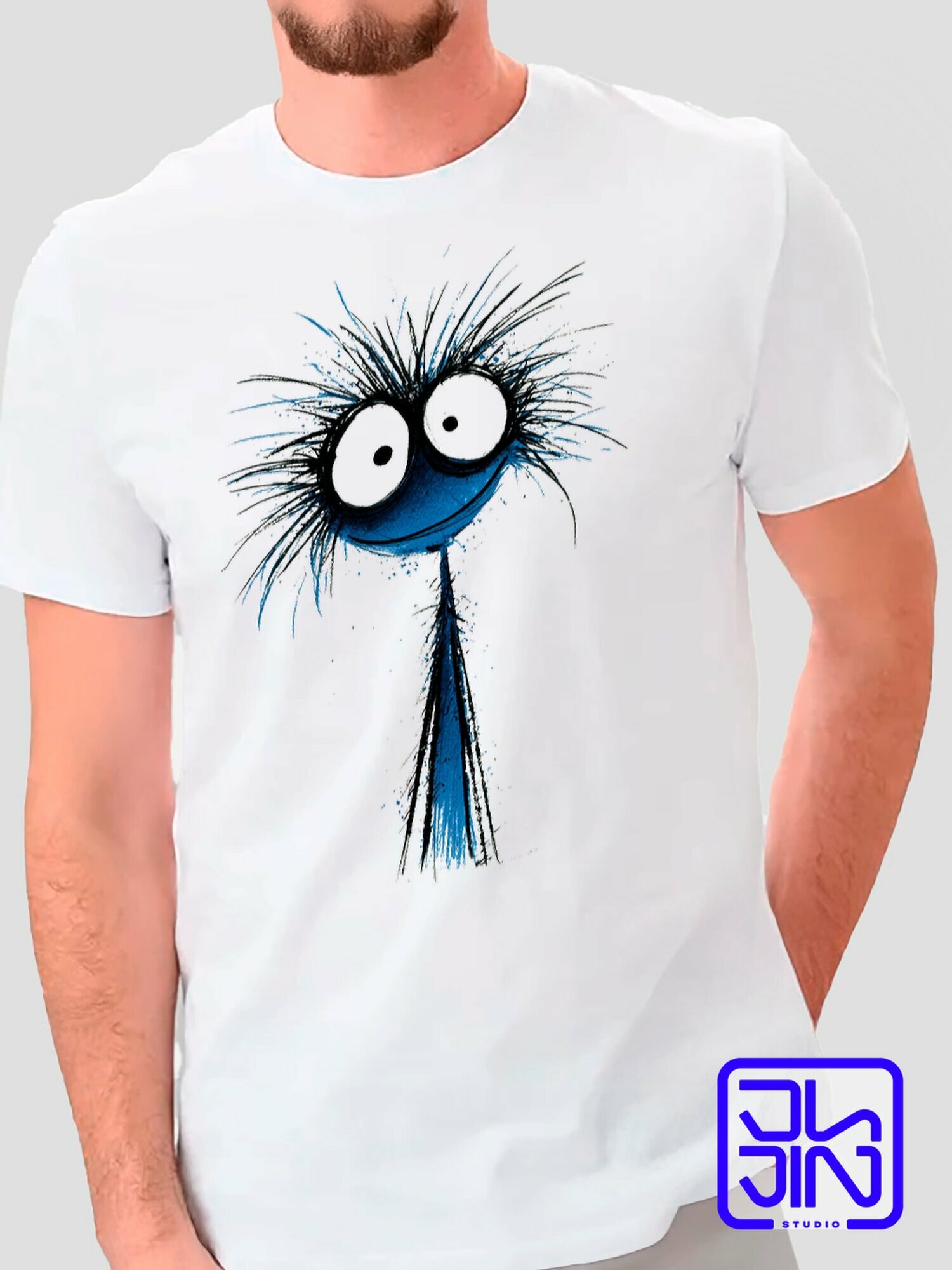 Футболка классическая мужская с авторским принтом Смешной черно-белый монстр в стиле граффити, веселый синий и оригинальный принт, белый хлопковый трикотаж с прикольным рисунком на груди