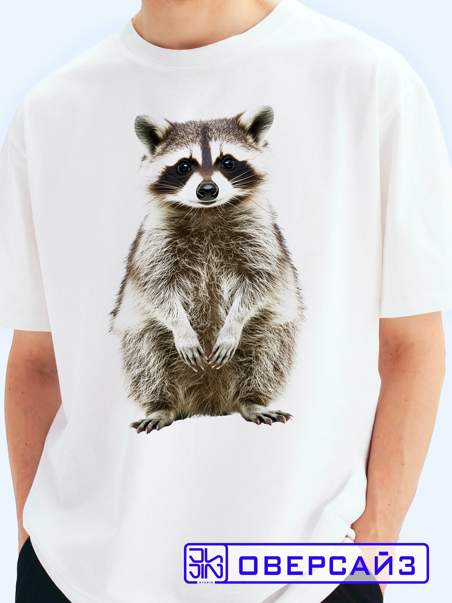 Футболка оверсайз мужская с принтом Смешной енот на сером, пепельном фоне в универсальном, кэжуал стиле темно серый, белый хлопковый трикотаж с прикольным рисунком на груди