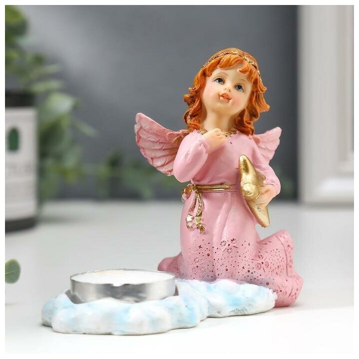 Сувенирная фигурка КНР на 1 свечу, со свечой, Девочка-ангел в розовом платье, полистоун, 9х12х5.2 см