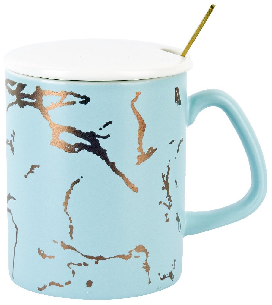 Кружка фарфоровая с крышкой и ложкой "Голубой мрамор", 380 мл, Nouvelle