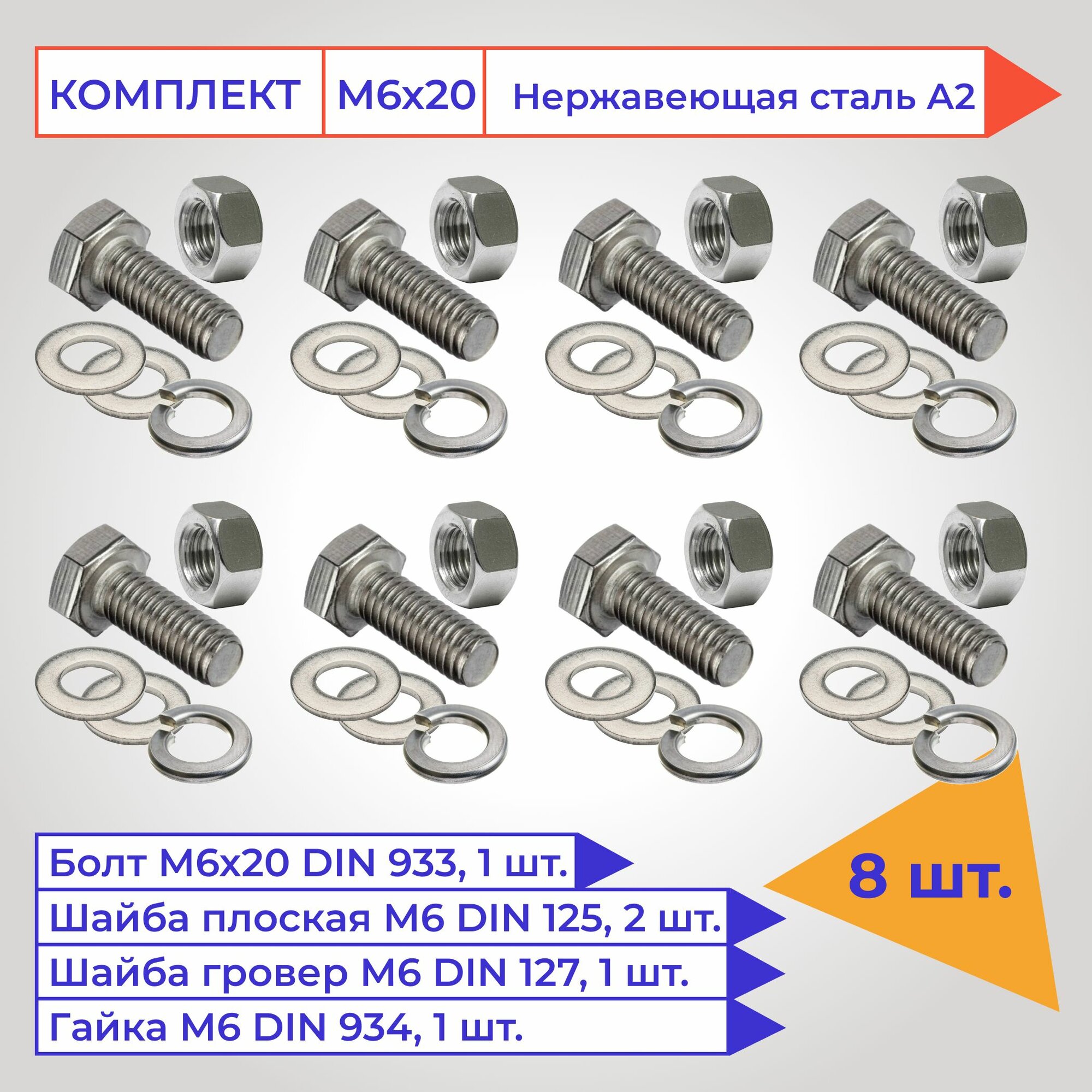 Болт М6х20мм с шестигранной головкой в наборе с гайкой, гровером и шайбой, нержавеющая сталь А2, 8 шт.