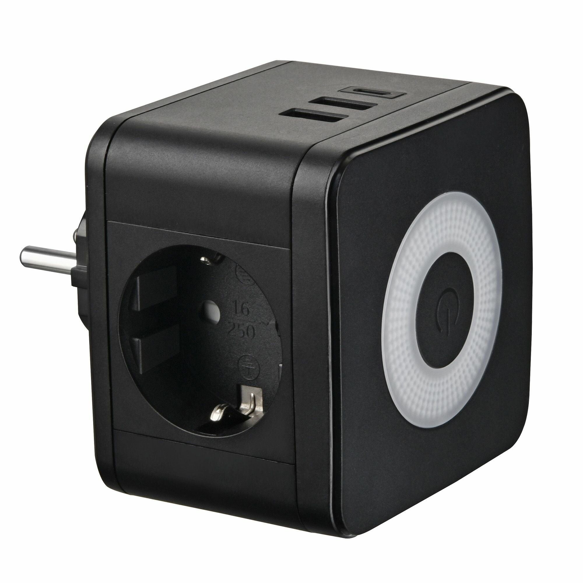 Разветвитель сетевой с выключателем, с-з. 2 гнезда с USB и Type-C, ночник, Тройник для розетки КУБ, черный, Uniel