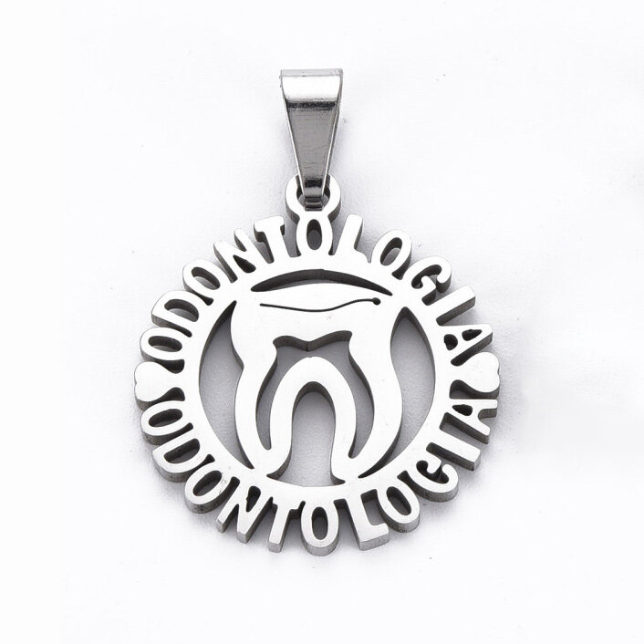 Подвеска, 28х20х1.5мм, медальон с зубом и надписью ODONTOLOGIA, базовый материал - нержавеющая сталь, без покрытия, 1 шт.