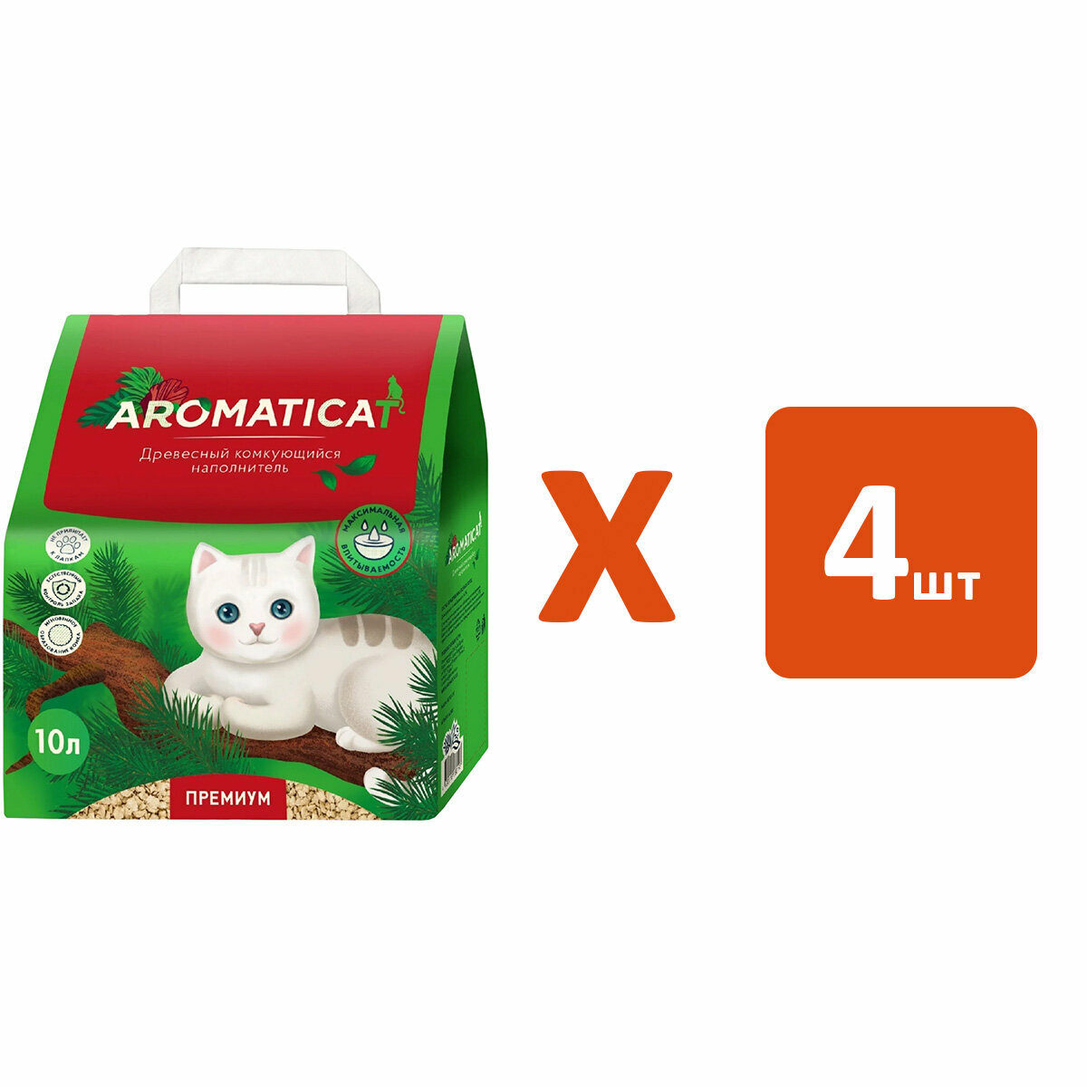 AROMATICAT PREMIUM наполнитель древесный комкующийся для туалета кошек (10 л х 4 шт)
