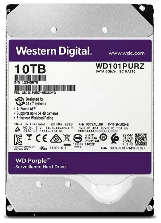 10Tb Жесткий диск WD Purple WD101PURZ (7200 rpm), 256Mb, 3.5", HDD, SATA-III