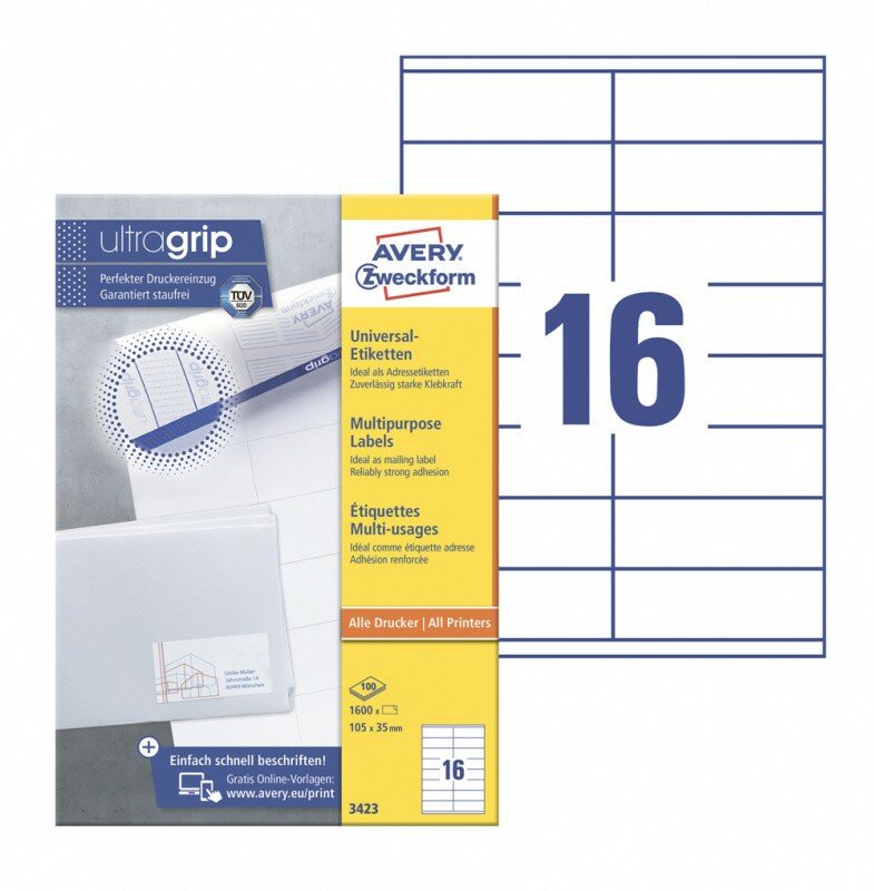 Этикетки Avery Zweckform 3423 A4 105x35мм 16шт на листе/70г/м2/100л./белый матовое самоклей. универсальная