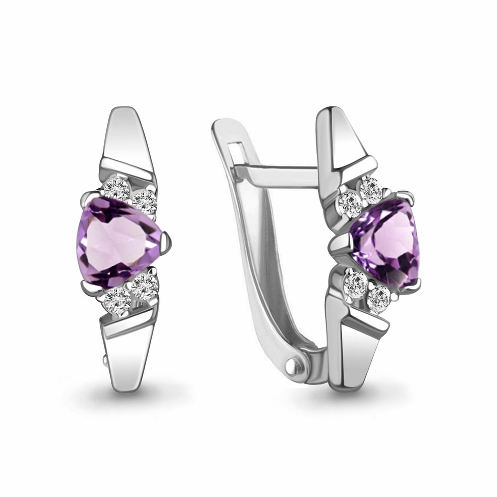 Серьги клаймберы, серебро, 925 проба, родирование, фианит, аметист
