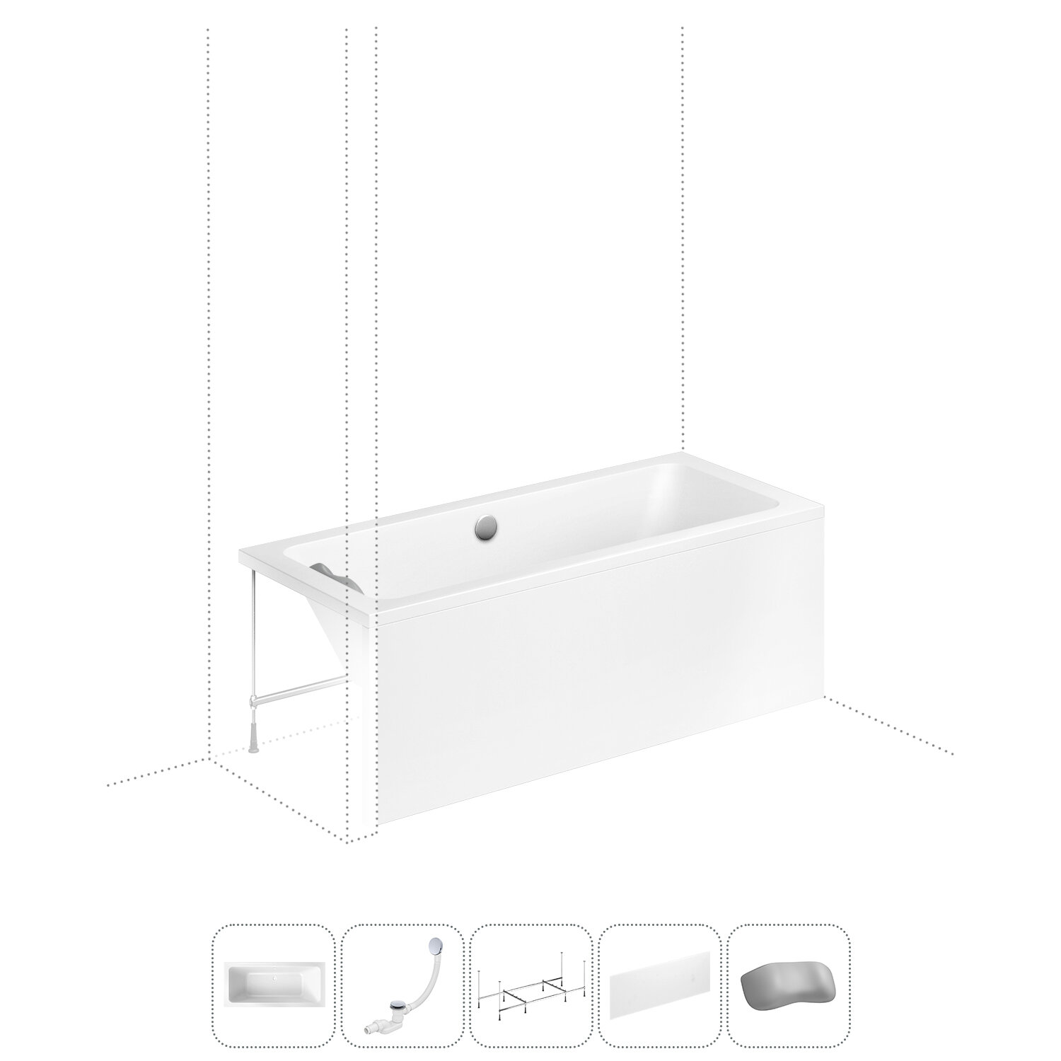 Акриловая ванна 180x80 с каркасом и экраном Lavinia Boho Pure 202011629 в наборе 5 в 1: прямоугольная ванна 180 x 80 см, слив-перелив, каркас, экран, подголовник