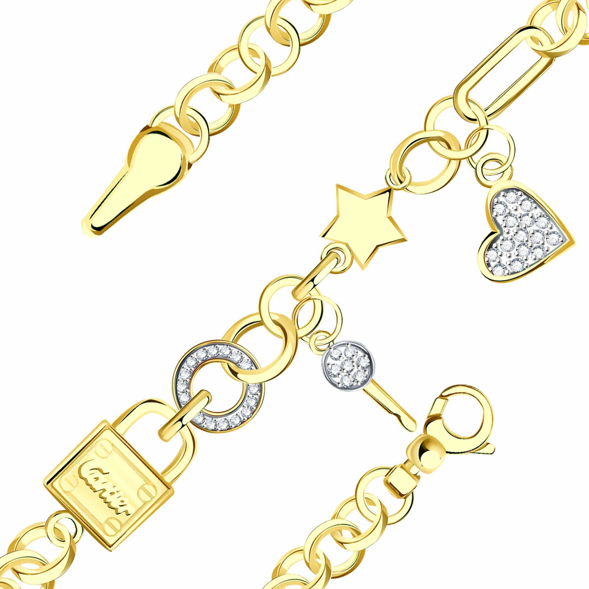 Браслет, желтое золото, 585 проба, оникс, фианит