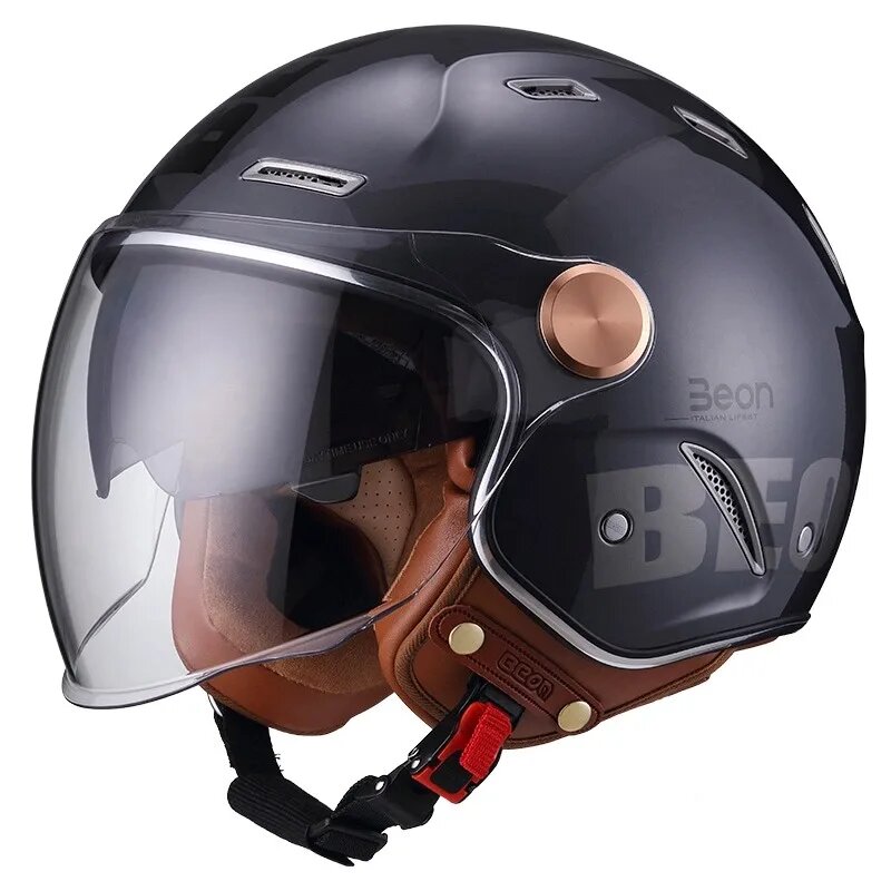BEON B122 Винтажный мотоциклетный шлем с открытым лицом, двойной объектив, ретро мото М, Gray Black
