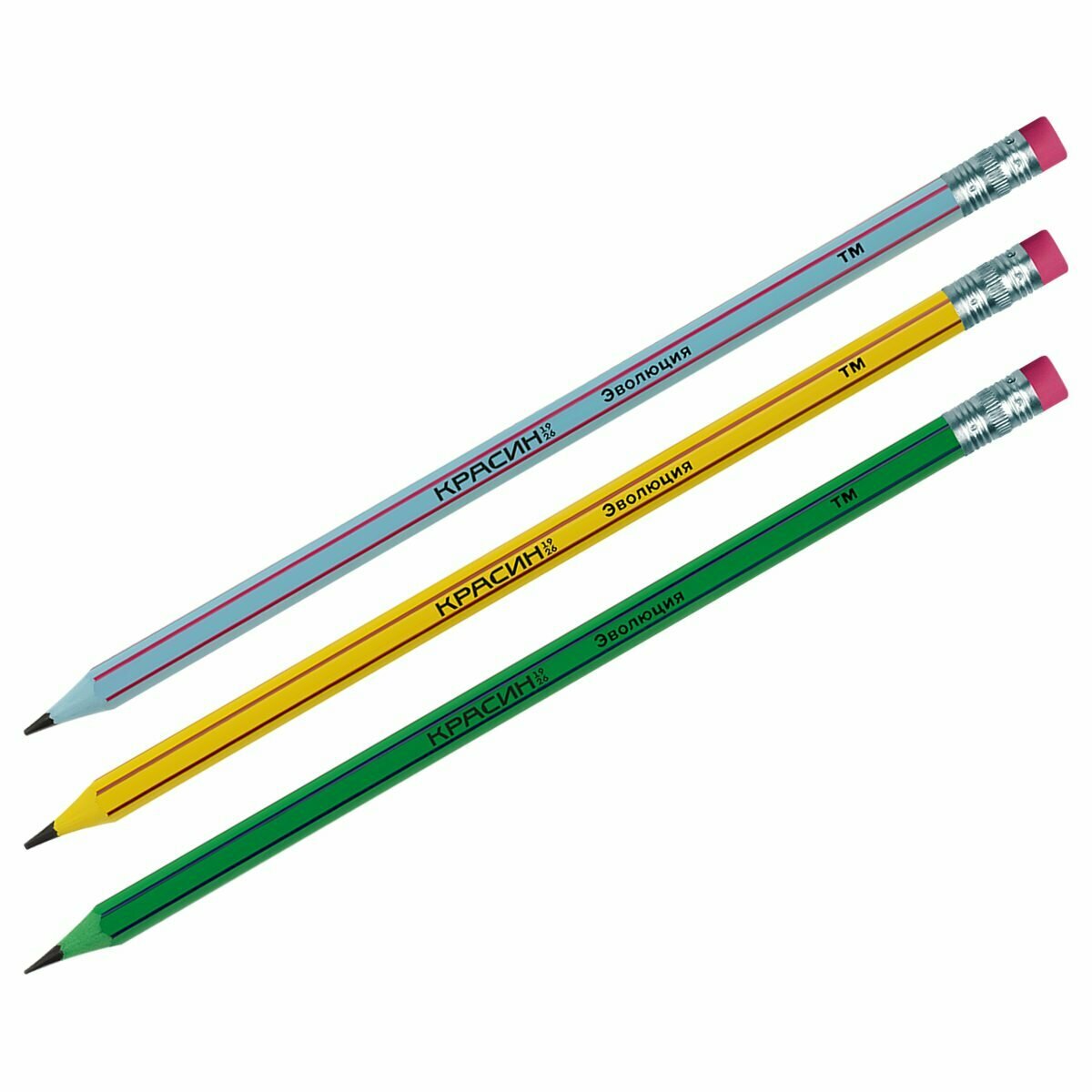 Карандаш чернографитный Красин "Эволюция" (ТМ (НВ), с полосами, с ластиком, заточенный, пластик) (КР-150121), 12шт.