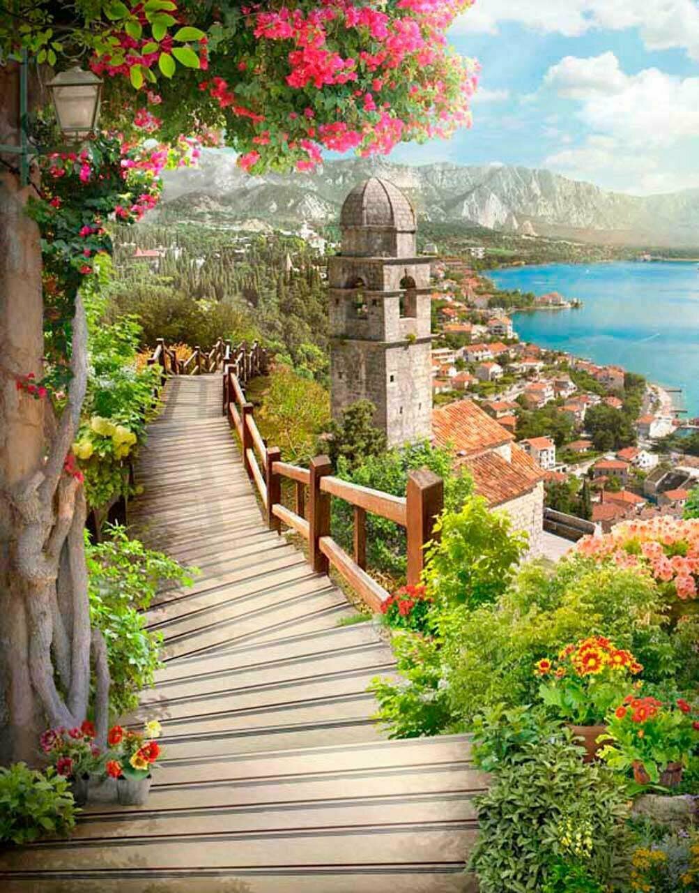 Фотообои Лестница уходящая в город 11-110-S-Флок 270 x 200 см (ВхШ) Бесшовные, флизелиновые, влагостойкие обои MasterFresok