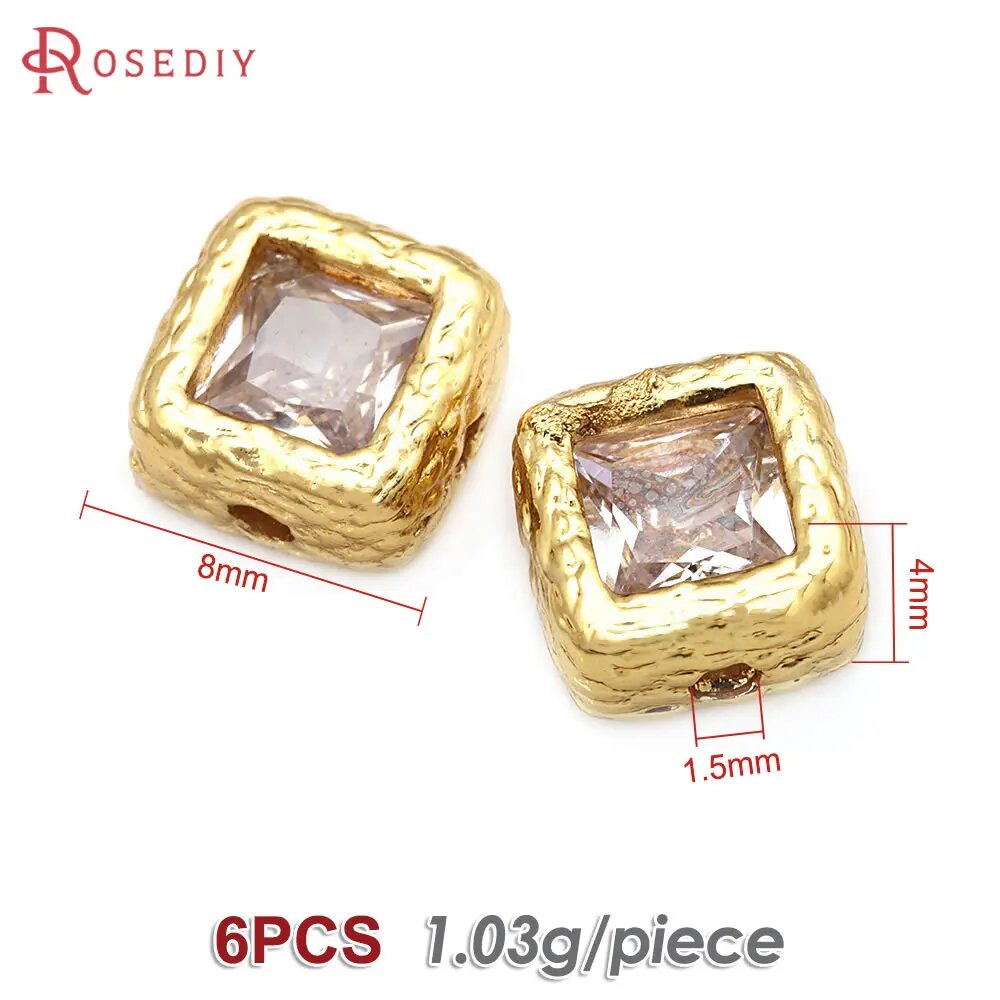 6 шт. серебряных квадратных бусин из латуни и циркония Rosediy 52143-18K Gold Color